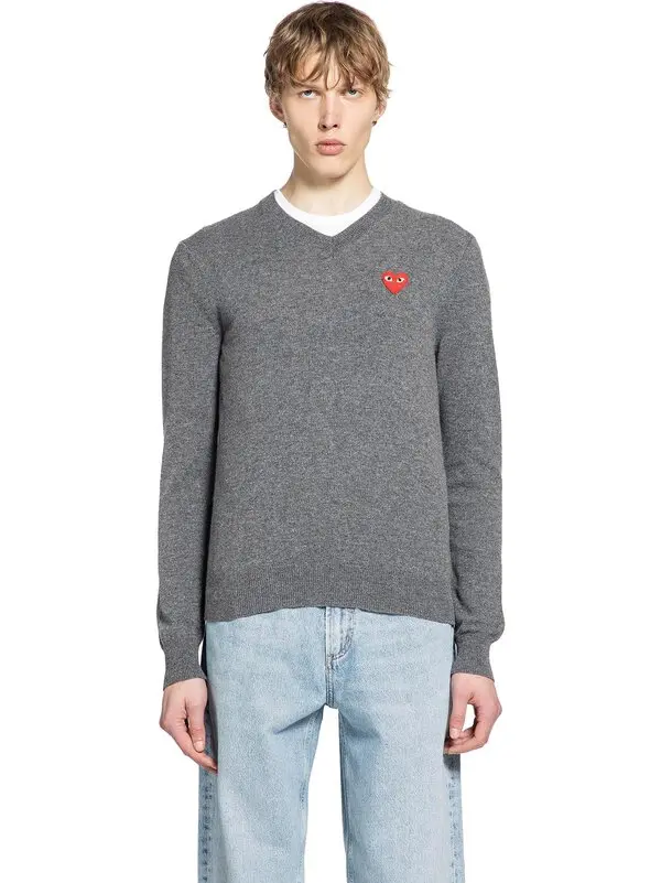 Play Comme Des Garcon Wool V-neck Sweater With Heart Embroidery - Grey