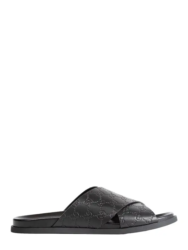 Gucci Embossed Gg Criss-cross Slip-on Sandals - Black