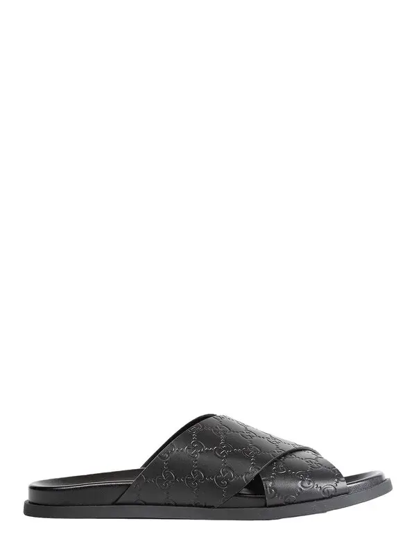 Gucci Embossed Gg Criss-cross Slip-on Sandals - Black