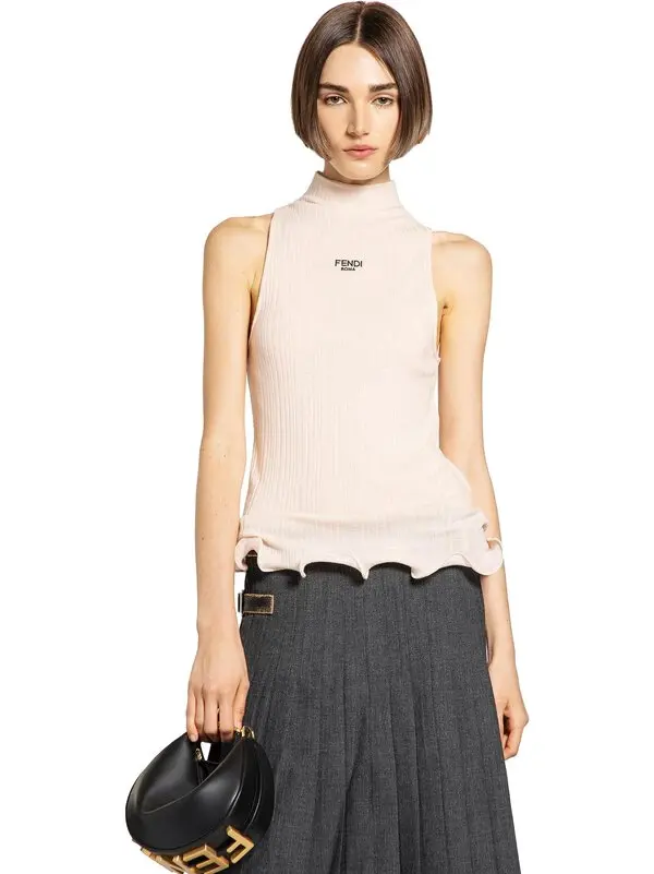 Fendi Sleeveless Ribbed Knit Top With Ruffle Hem - Pink
