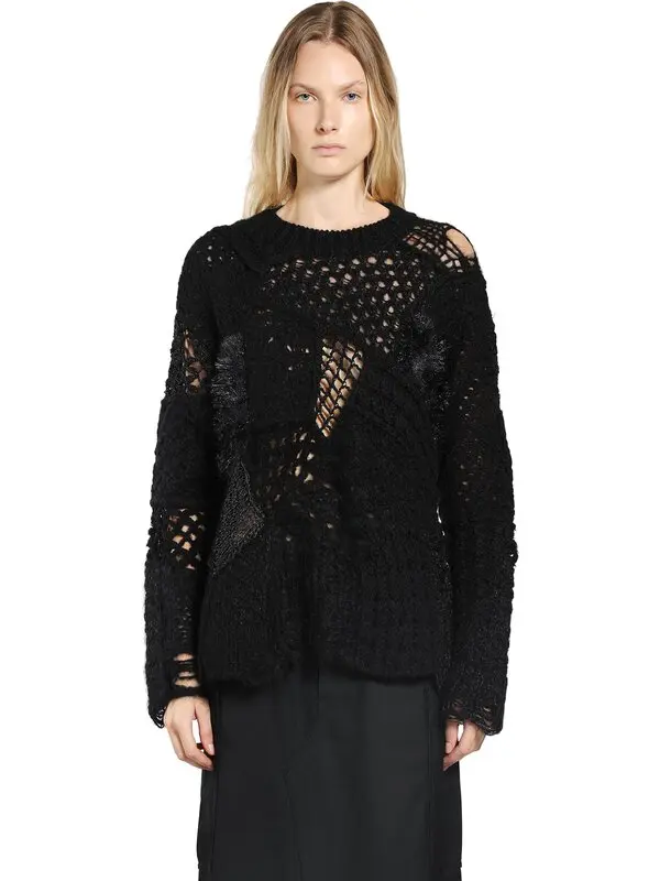 Junya Watanabe Wool Blend Crewneck Knit Sweater With Cutout Details - Black