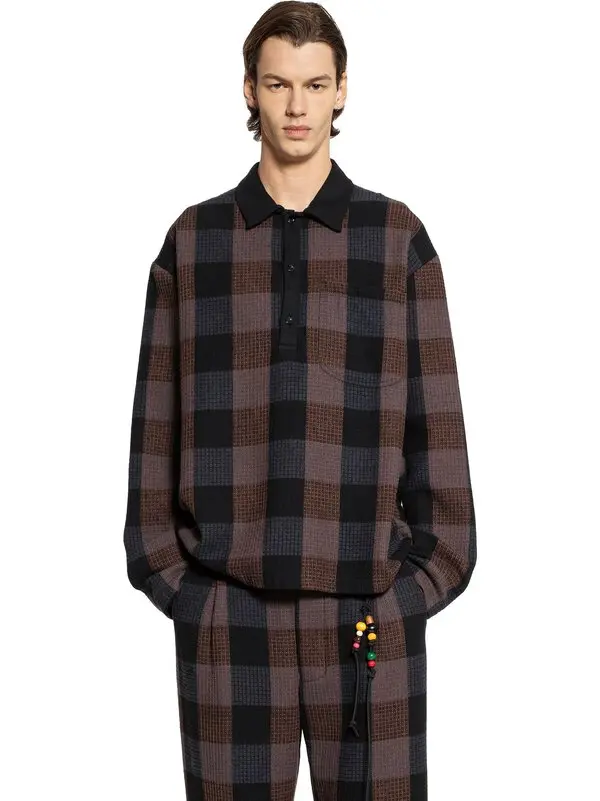 SONG FOR THE MUTE Towel Check Long Sleeve Polo - Brown
