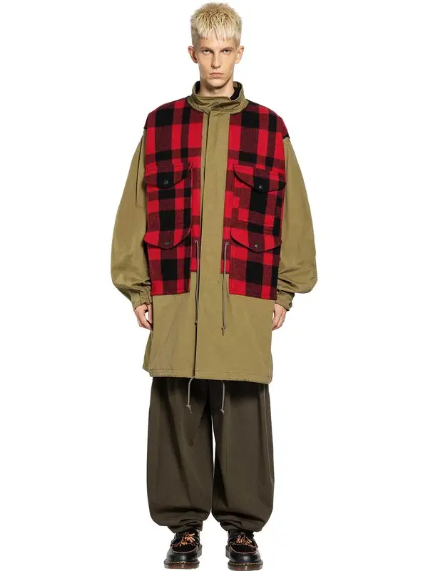 Junya Watanabe Long Coat With Checkered Overlay - Green