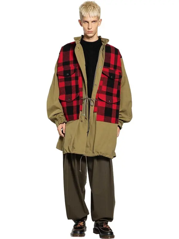 Junya Watanabe Long Coat With Checkered Overlay - Green