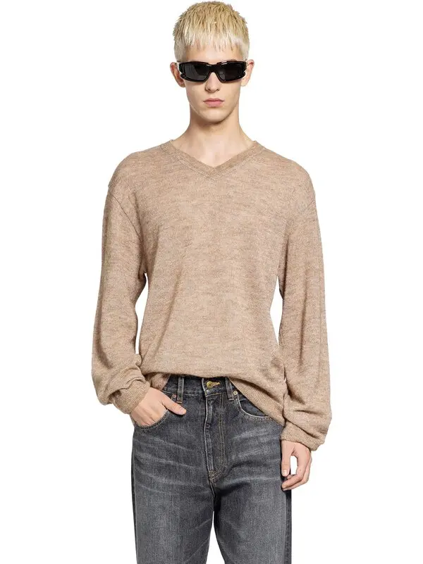 MYTHINKS Alpaca Shaggy V-neck Sweater - Beige