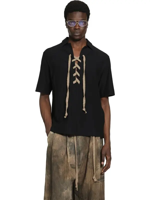 ZIGGY CHEN String Fastened Rugby Polo Shirt - Black