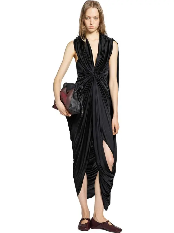 Loewe Gathered Satin V-neck Dress - Black