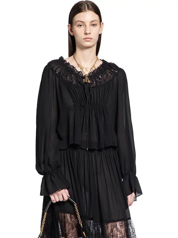 Chloé Crop Top In Silk Georgette And Lace - Black