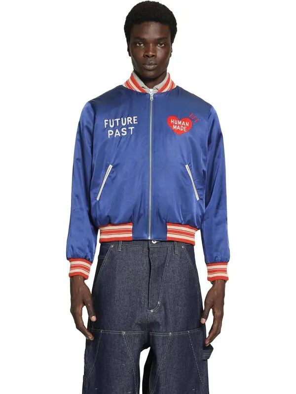 HUMAN MADE Satin Bomber Jacket With Embroidered Graphics - Blue