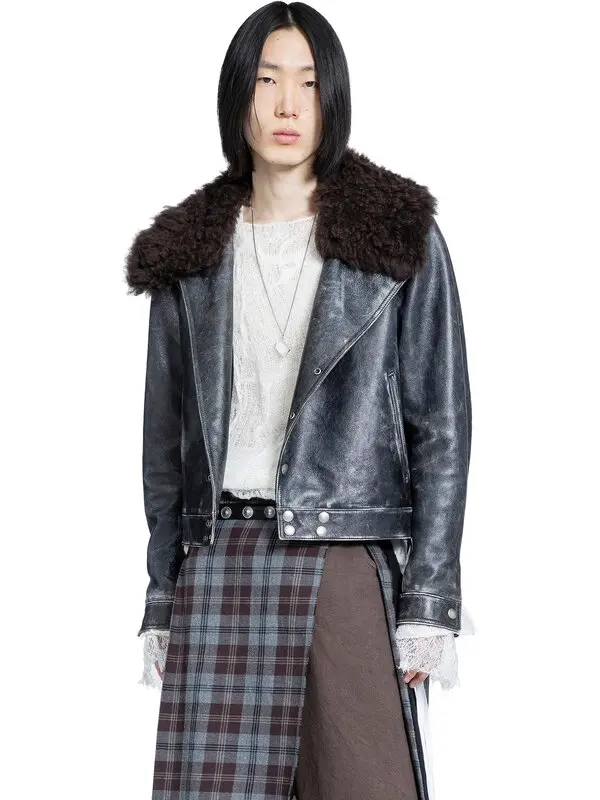 ANN DEMEULEMEESTER Distressed Shearling Leather Jacket - Black