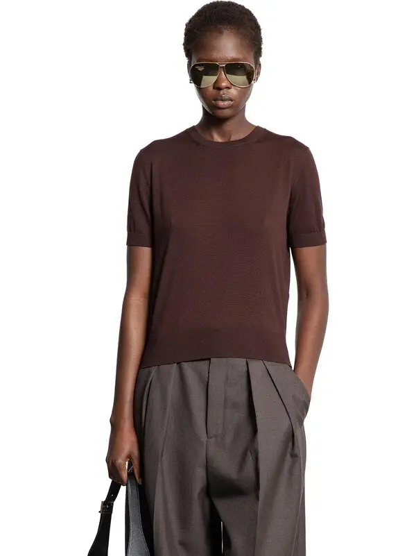 Saint Laurent Wool Crewneck Sweater With Short Sleeves - Brown