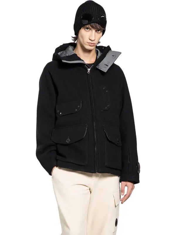 C.P. COMPANY Virgin Wool Jacket With Hood - Black