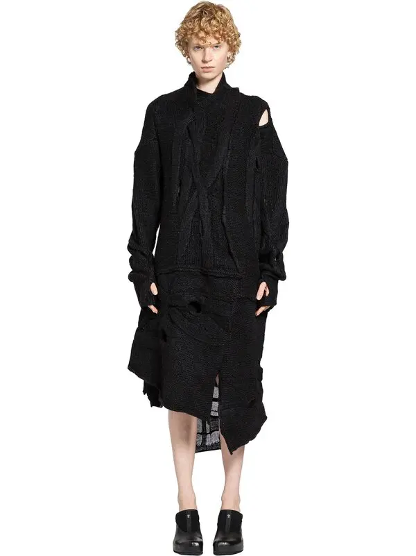 HALOS Alpaca Wool Cable Knit Coat With Distressed Details - Black