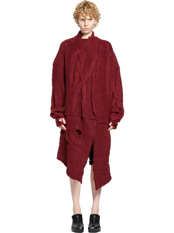 HALOS Alpaca Wool Cable Knit Distressed Coat - Red