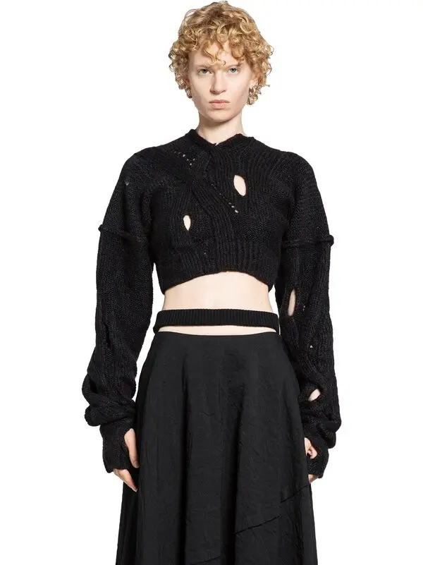 HALOS Alpaca Wool Cable Knit Cropped Top - Black
