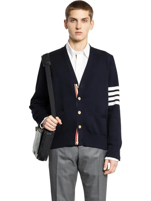 Thom Browne Cotton Crêpe Cardigan With 4-bar Stripe Detail - Blue