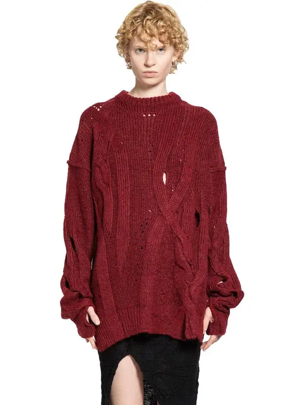 HALOS Alpaca Wool Cable Knit Distressed Crewneck Sweater - Red