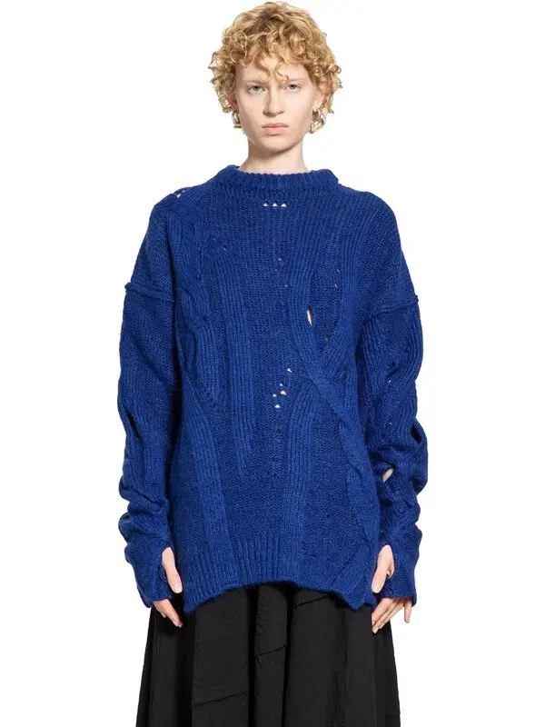 HALOS Sapphire Alpaca Wool Cable Knit Distressed Sweater - Blue