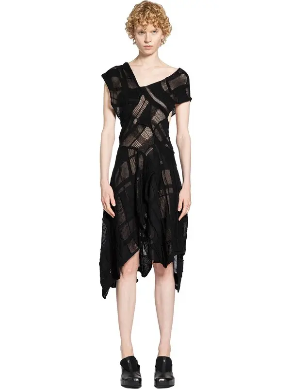 HALOS Asymmetric Sheer Checked Knit Dress - Black