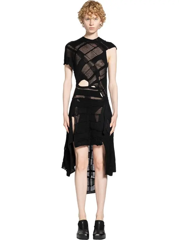 HALOS Asymmetrical Cut-out Checked Knit Dress - Black