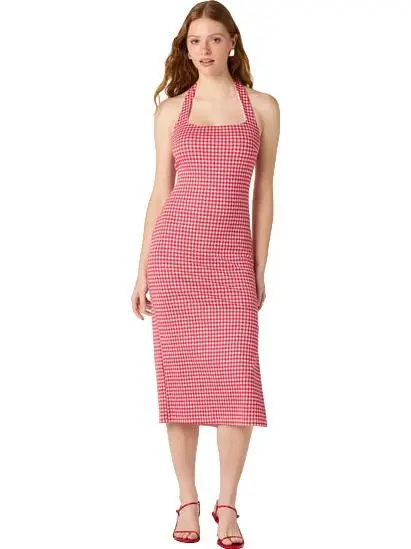 Astr The Label Alice Halter Gingham Fitted Midi Dress - Red Gingham