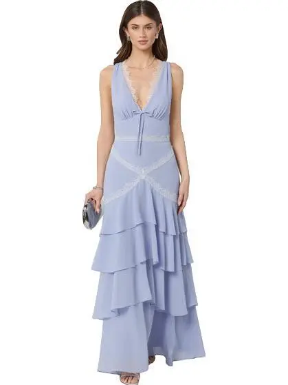Astr The Label Evelyn Lace Trim Tiered Ruffle Maxi Dress - Periwinkle Blue