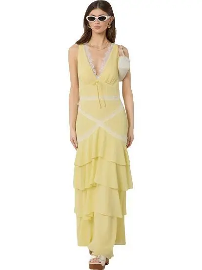 Astr The Label Evelyn Lace Trim Tiered Ruffle Maxi Dress - Yellow