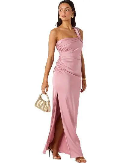 Astr The Label Catori One-shoulder Ruched Satin Maxi Dress - Rose