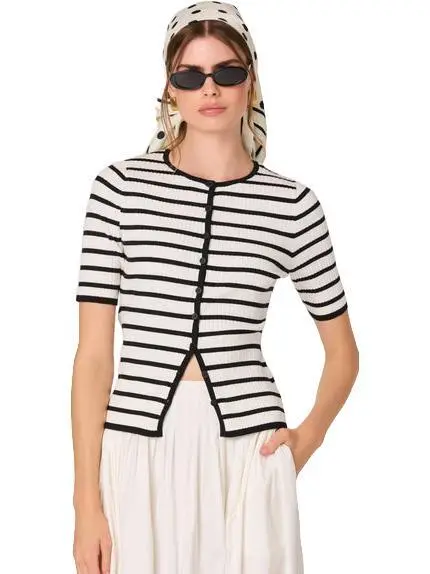 Astr The Label Henrie Striped Ribbed Short-sleeve Cardigan - Black White