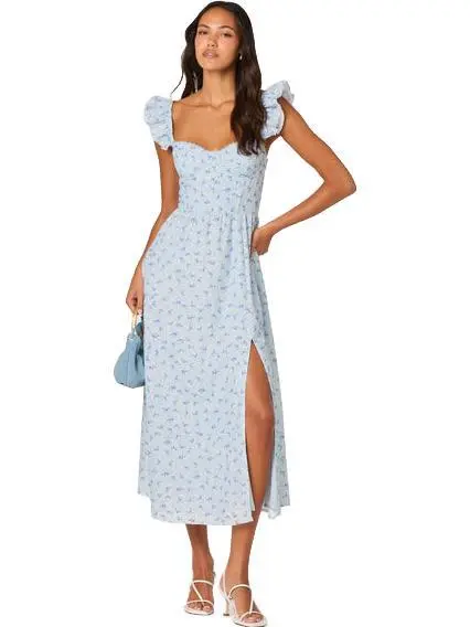 Astr The Label Wedelia Ruffle Strap Eyelet Corset Midi Dress - Blue Floral