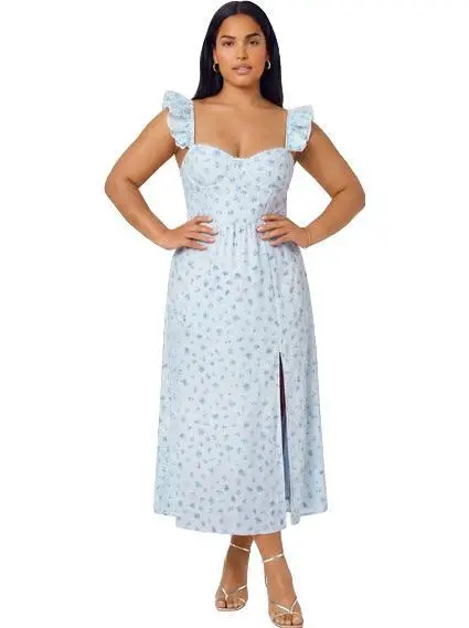 Astr The Label Wedelia Ruffle Strap Eyelet Corset Midi Dress - Plus Size - Blue Floral