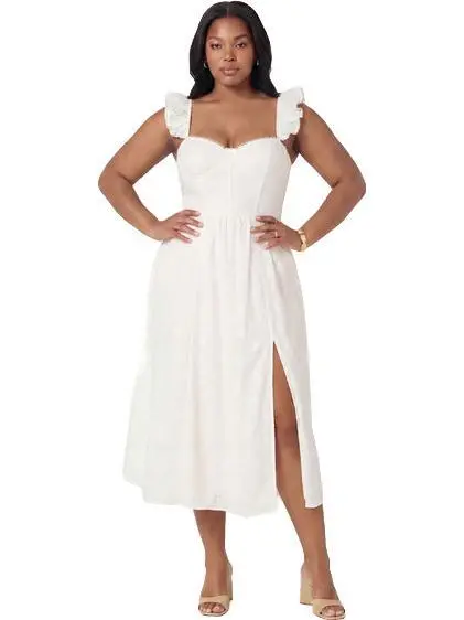 Astr The Label Wedelia Ruffle Strap Eyelet Corset Midi Dress - Plus Size - White