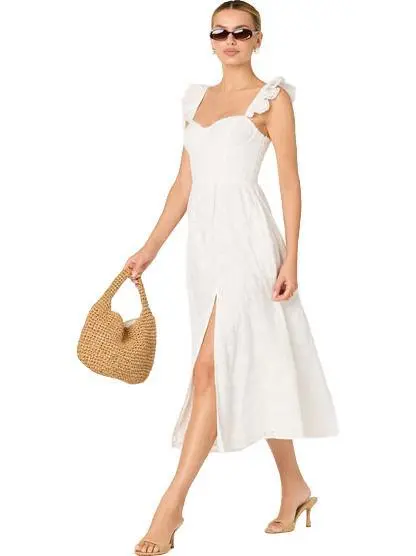 Astr The Label Wedelia Ruffle Strap Eyelet Corset Midi Dress - White