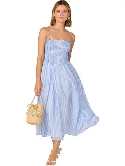 Astr The Label Lahela Smocked Plaid Midi Dress - Blue Stripe