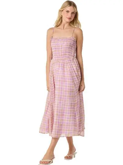 Astr The Label Lahela Smocked Plaid Midi Dress - Pink Plaid