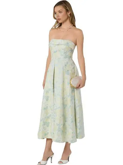Astr The Label Destini Floral Jacquard Strapless Midi Dress - Light Yellow Floral