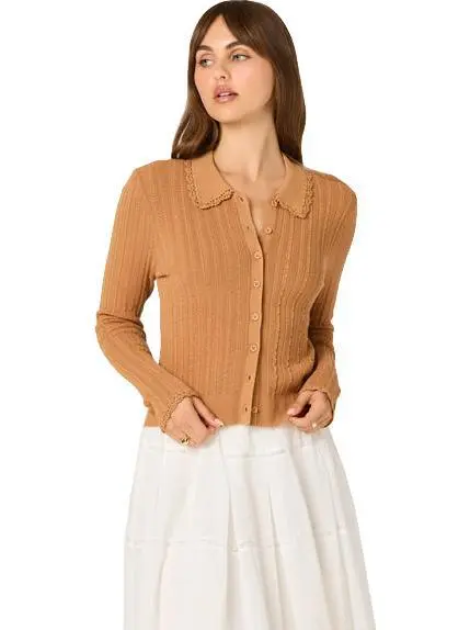 Astr The Label Kristen Pointelle Collar Cardigan - Nutmeg