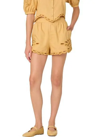 Astr The Label Joellyn Embroidered Linen Shorts - Mustard