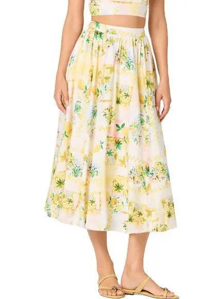 Astr The Label Kaleigh Paradise Print Gathered Midi Skirt - Lemon Paradise