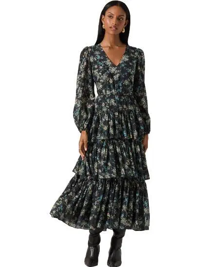 Astr The Label Franchesca Tiered Ruffle Floral Maxi Dress - Black Green Floral