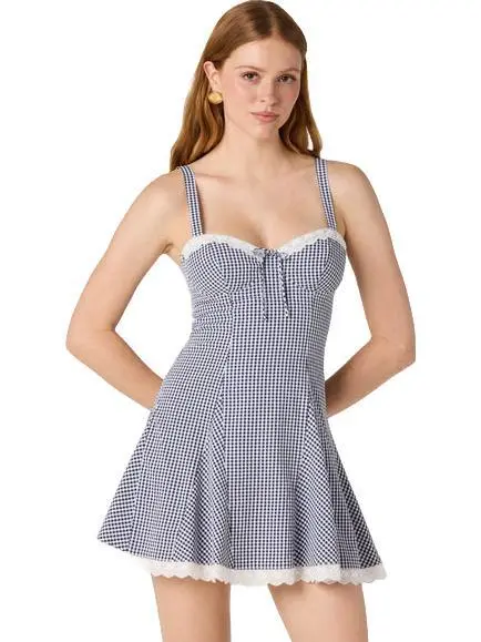 Astr The Label Nicolette Gingham Mini Dress With Scalloped Lace Trim - Navy Gingham