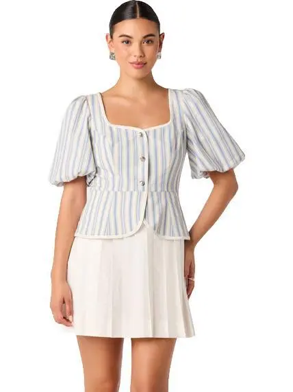 Astr The Label Brigitta Striped Puff Sleeve Mini Dress - White Blue Stripe