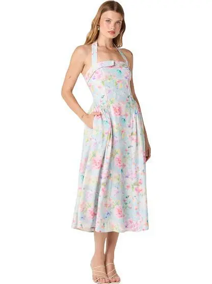 Astr The Label Marianna Halter Midi Dress - Lt Blue Multi Floral
