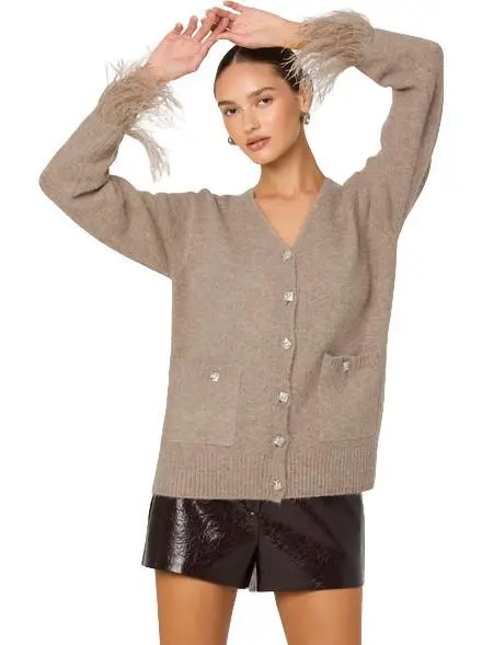 Astr The Label Embellished Feather Trim Cardigan - Taupe