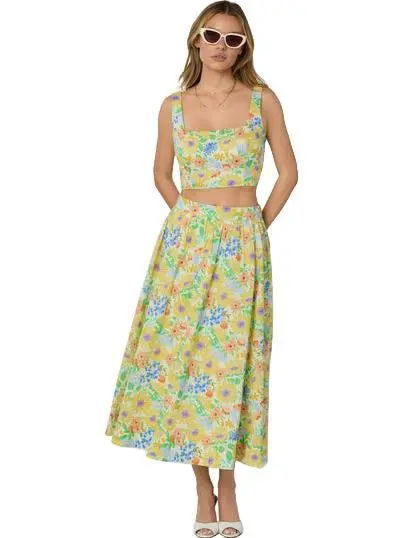 Astr The Label Jolie Floral Gathered Midi Skirt - Yellow Multi Floral