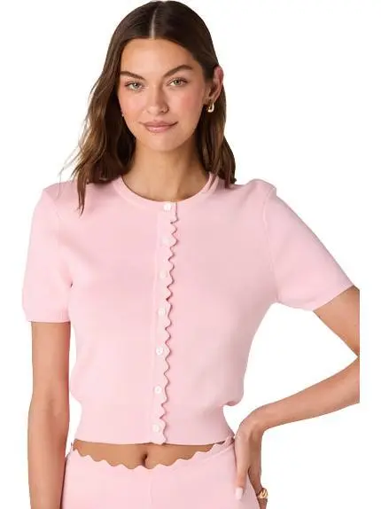 Astr The Label Scalloped Placket Ribbed Cardigan - Pink
