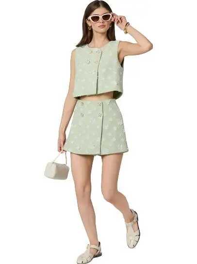 Astr The Label Janell Floral Applique Tweed Skort - Mint