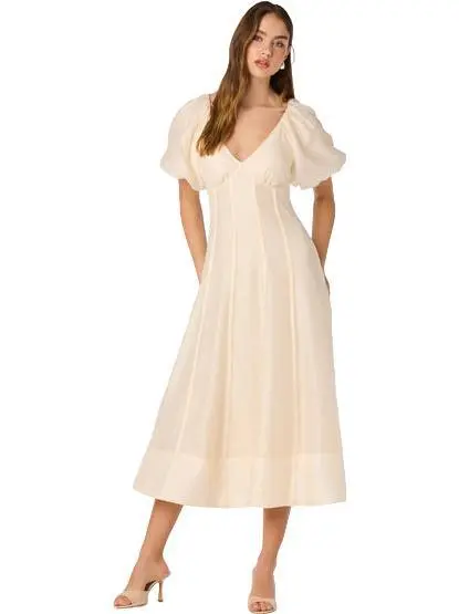 Astr The Label Kathaleya Puff Sleeve V-neck Midi Dress - Ivory