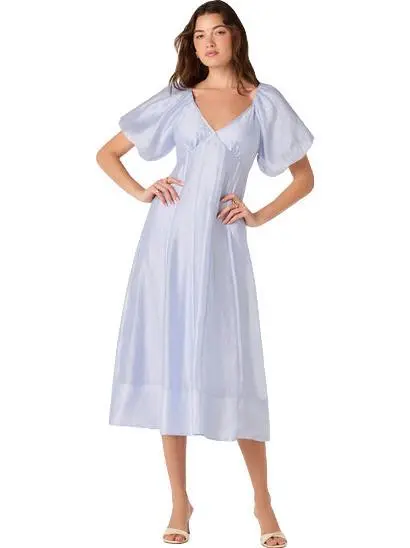 Astr The Label Kathaleya Puff Sleeve V-neck Midi Dress - Periwinkle Blue