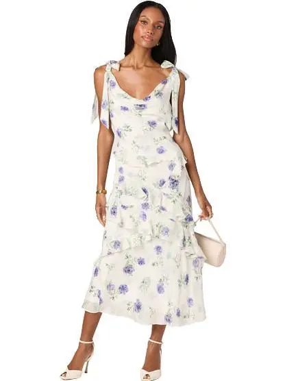 Astr The Label Fen Floral Tie-strap Ruffle Midi Dress - Off White Purple Fl